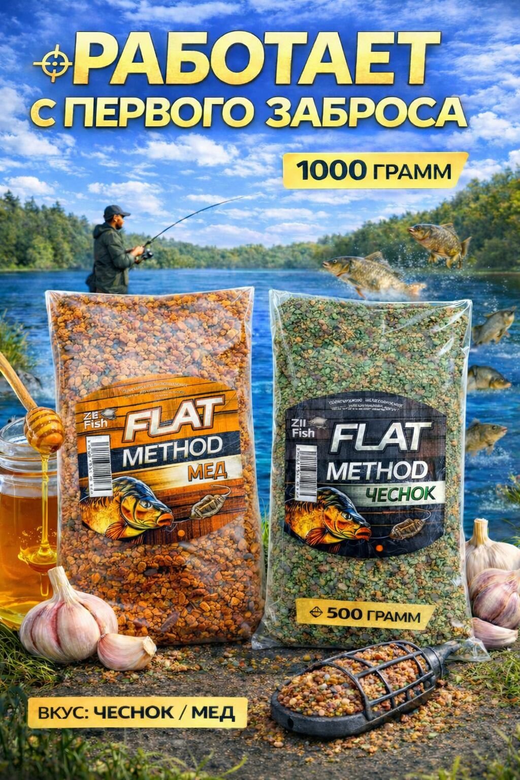 Прикормка "Zil Fish" Flat Method "Чеснок/Мёд" 1000г, для карпа и фидера, смесь для флэт кормушки