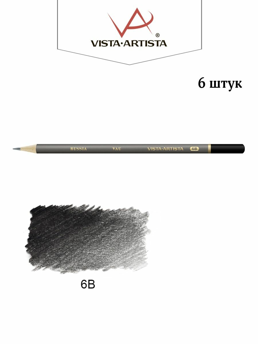 VISTA-ARTISTA карандаш угольно-графитный матовый, для набросков, эскизов, портретов, набор 6 штук 6B, VAU