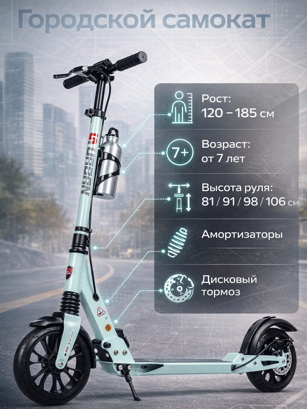 Складной городской самокат US Urban Scooter Disk Brake с дисковым тормозом, двумя амортизаторами и бутылкой для воды, Мятный