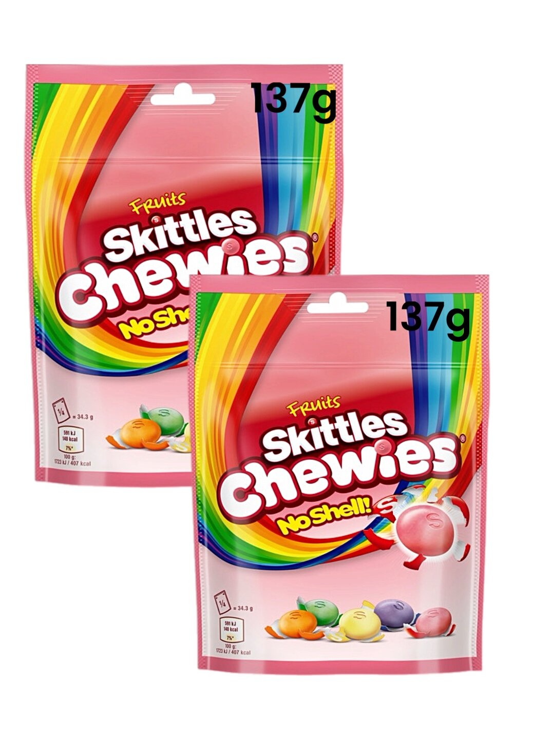 Драже конфеты жевательные Skittles Chewies Fruits no shell / Скитлс без оболочки, 137 гр х 2 шт