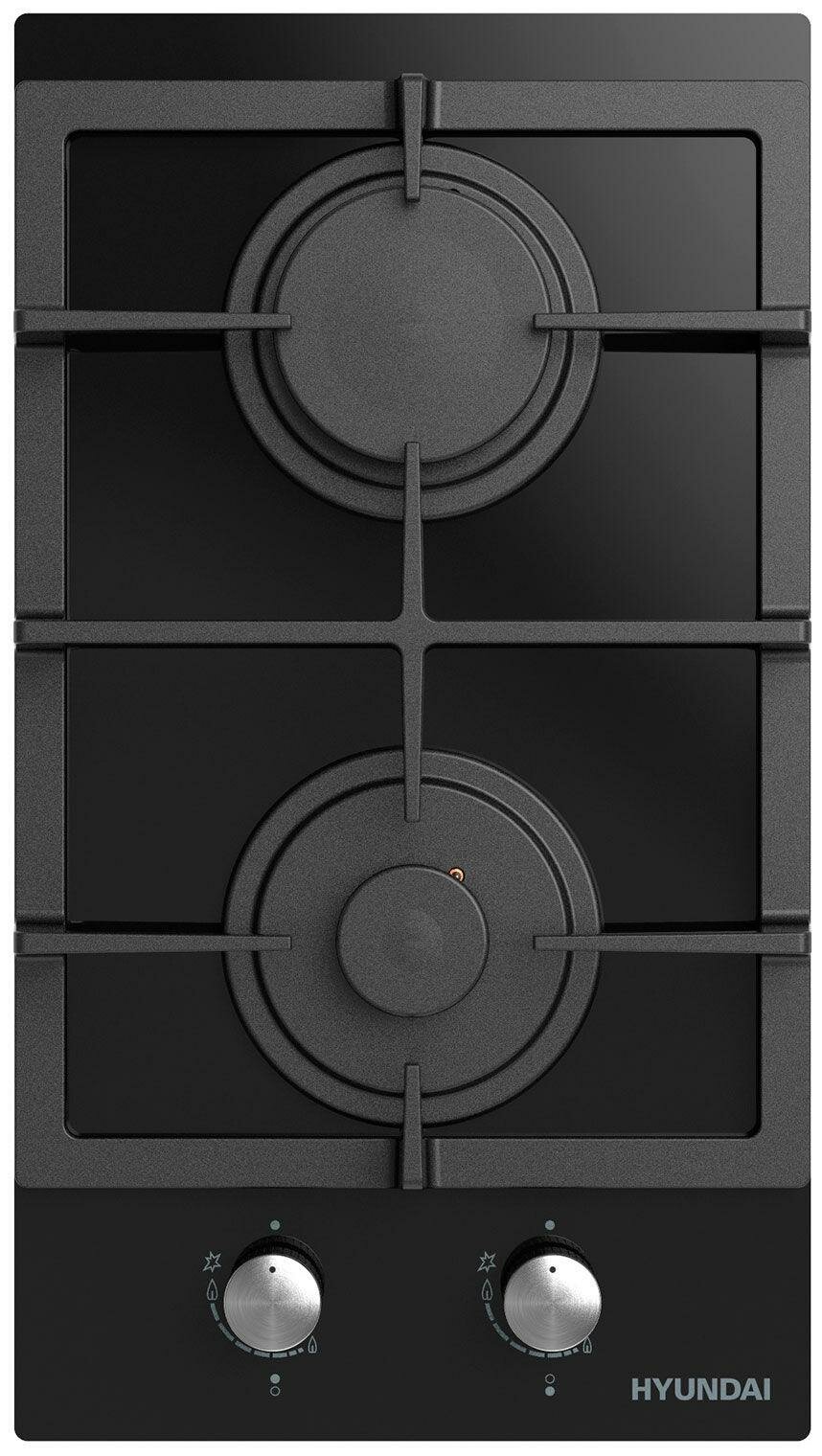 Варочная панель газовая Hyundai HHG 3235 BG черный, стекло, чугун, 2 конфорки, газ-контроль