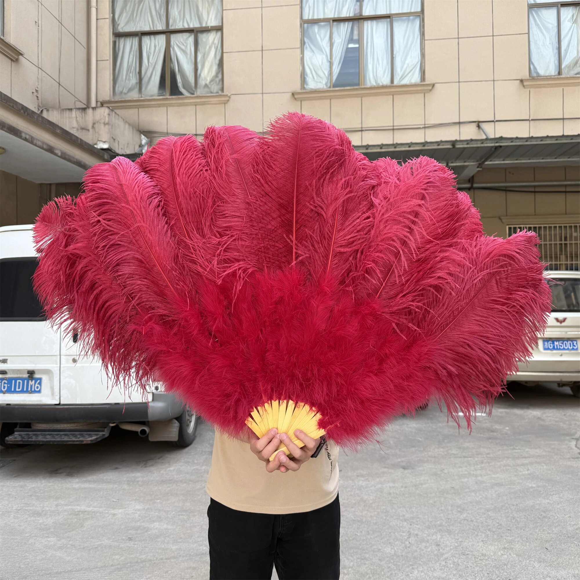 Складные розовые веера из страусиных перьев Розовый, 07 Wine Red, 100CM 1PCS Left