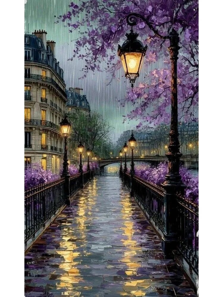 Алмазная живопись "Город после дождя", 5D, круглая, 40x50 см. Производитель: Brose Art.
