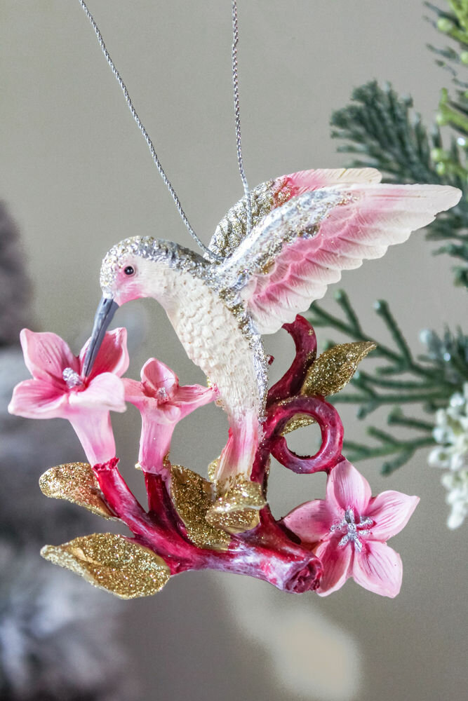 Ёлочная игрушка колибри В цветах на бордовой веточке, полистоун, 10 см, Kurts Adler E0456-2