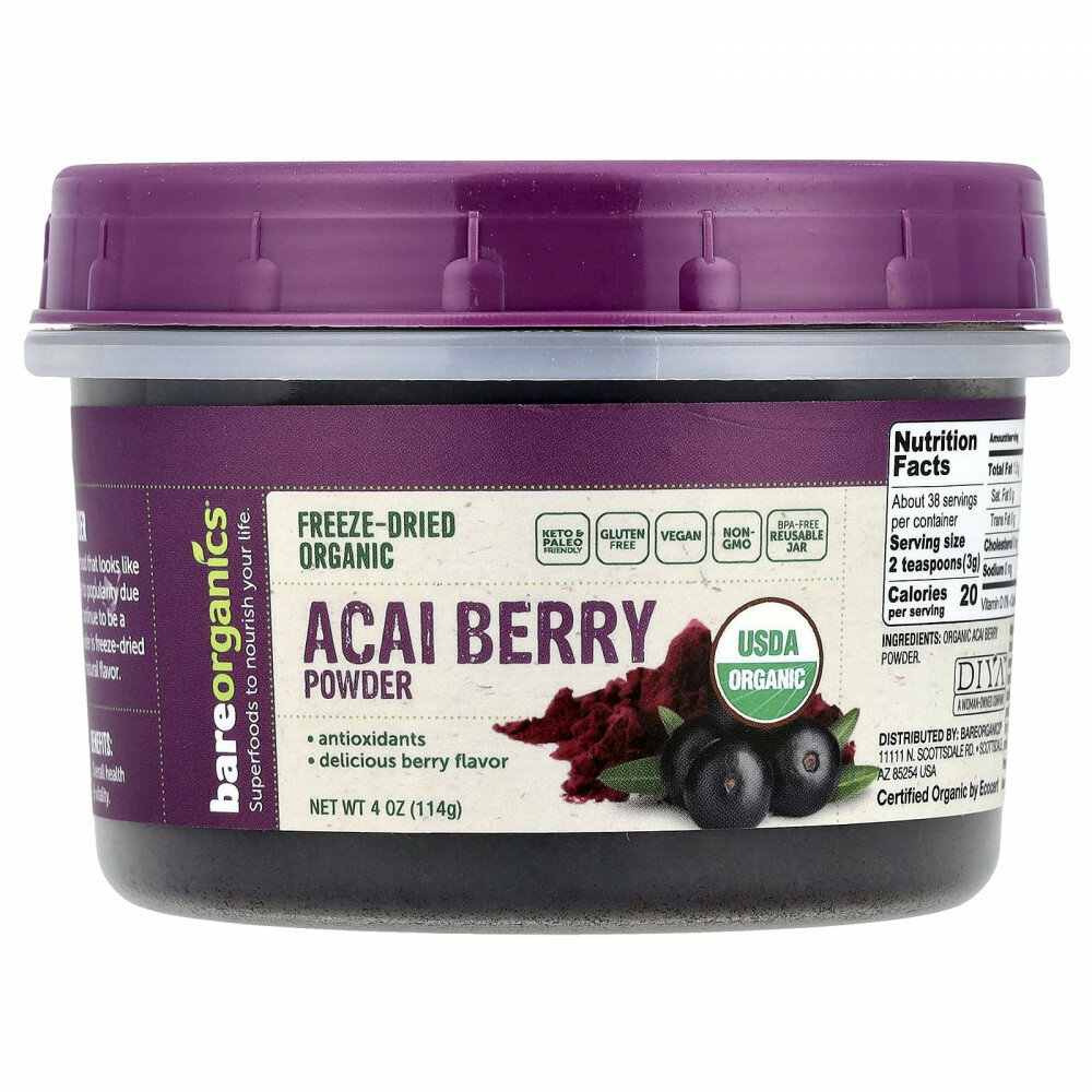 BareOrganics, Лиофилизированные необработанные органические ягоды асаи, 114 г (4 унции)