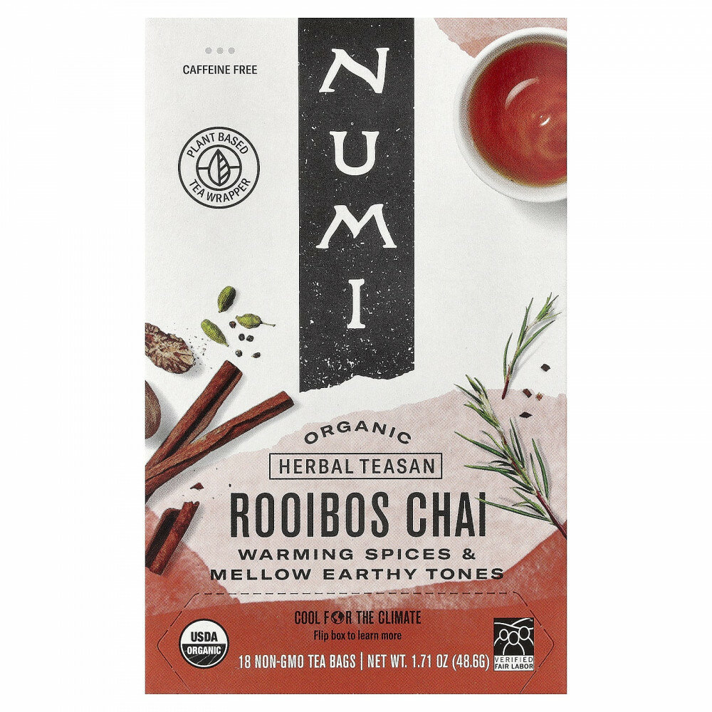Numi Tea, Organic Herbal Teasan, чай ройбуш, без кофеина, 18 чайных пакетиков, 48,6 г (1,71 унции)