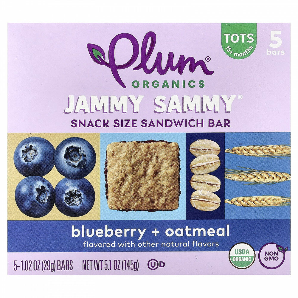 Plum Organics, Jammy Sammy®, батончик-снек, для детей от 15 месяцев, голубика и овсянка, 5 батончиков по 29 г (1,02 унции)