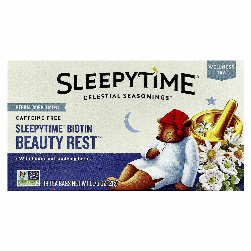 Celestial Seasonings, Wellness Tea, Sleepytime®, биотин Beauty Rest™, без кофеина, 18 чайных пакетиков, 21 г (0,75 унции)