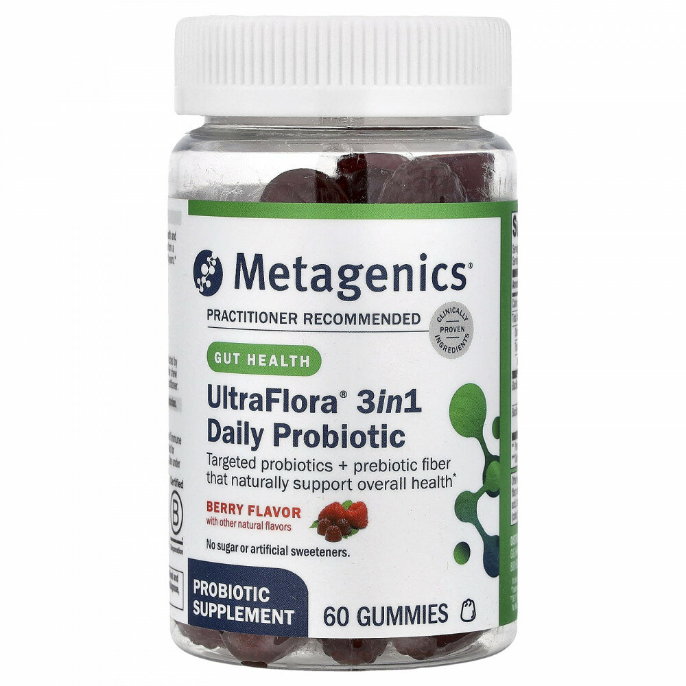 Metagenics, UltraFlora® 3-в-1, ежедневный пробиотик, со вкусом ягод, 60 жевательных таблеток