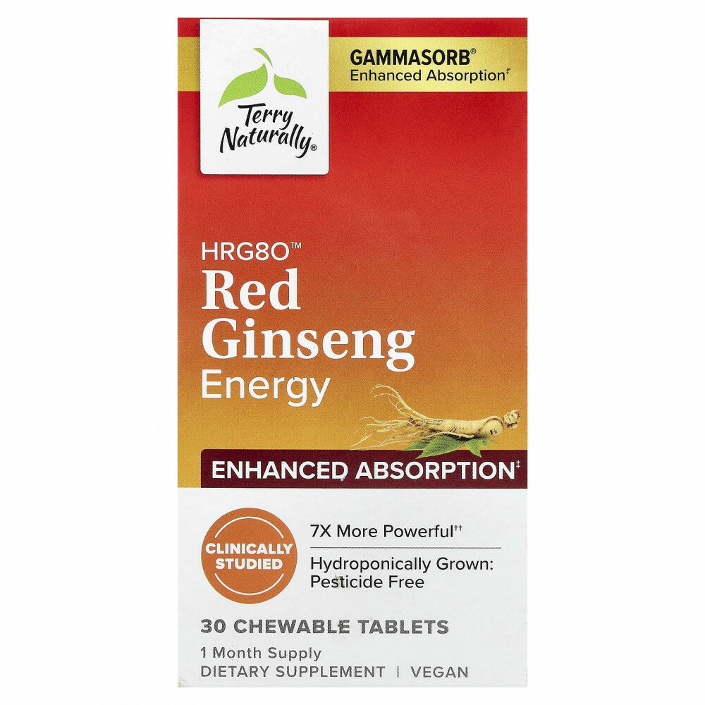 Terry Naturally, HRG80™ Red Ginseng Energy, 30 жевательных таблеток (100 мг в 1 таблетке)