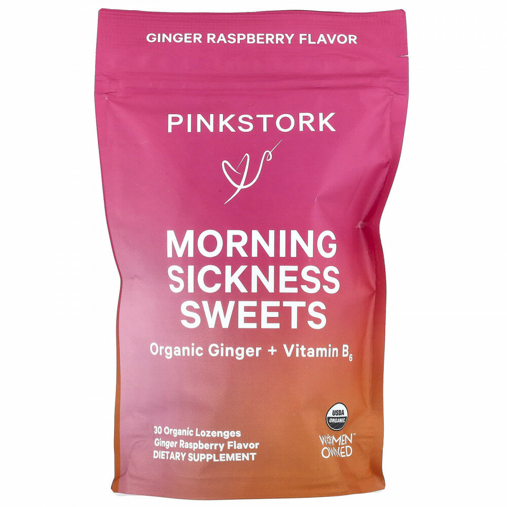 Pink Stork, Morning Sickness Sweets, имбирь и малина, 30 органических пастилок