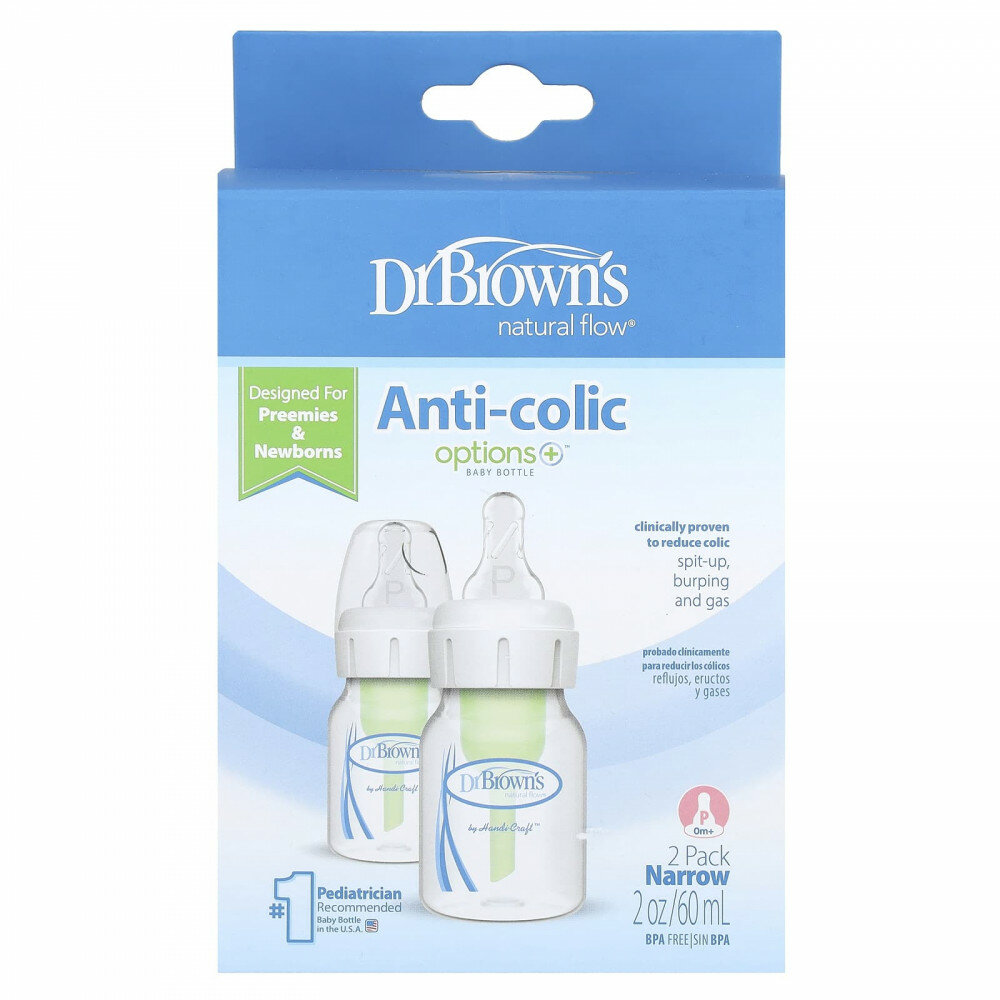 Dr. Brown's, Natural Flow®, Anti-colic Параметры+™, бутылочка для детей от 0 месяцев, 2 шт. в упаковке, 60 мл (2 унции)