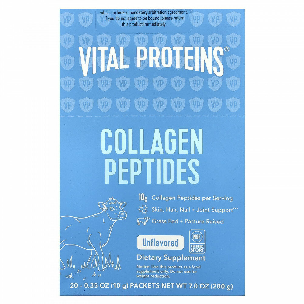 Vital Proteins, пептиды коллагена, без вкуса, 20 пакетиков, весом 10 г (0,35 унции) каждый