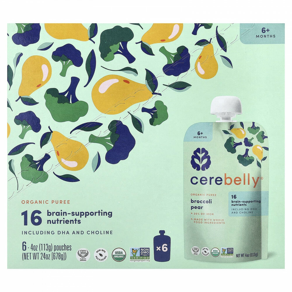 Cerebelly, органическое пюре, брокколи, груша, для детей от 6 месяцев, 6 паучей по 113 г (4 унции)