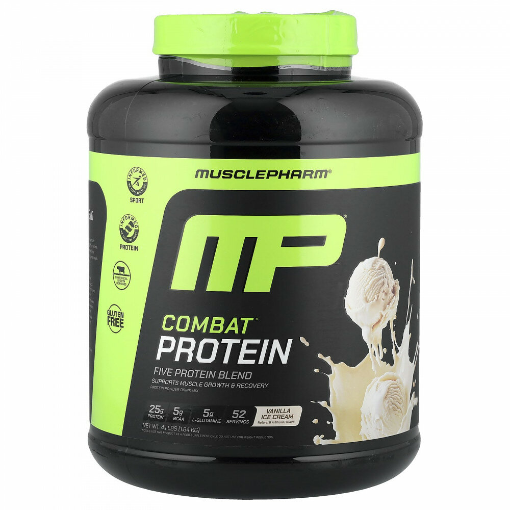 MusclePharm, Combat®, протеиновый порошок, со вкусом ванильного мороженого, 1,84 кг (4,1 фунта)