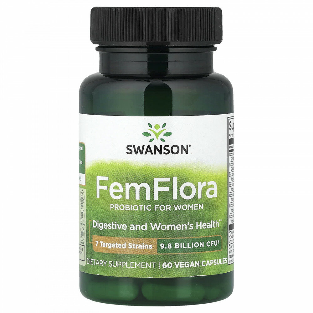 Swanson, FemFlora, пробиотик для женщин, 9,8 млрд КОЕ, 60 веганских капсул