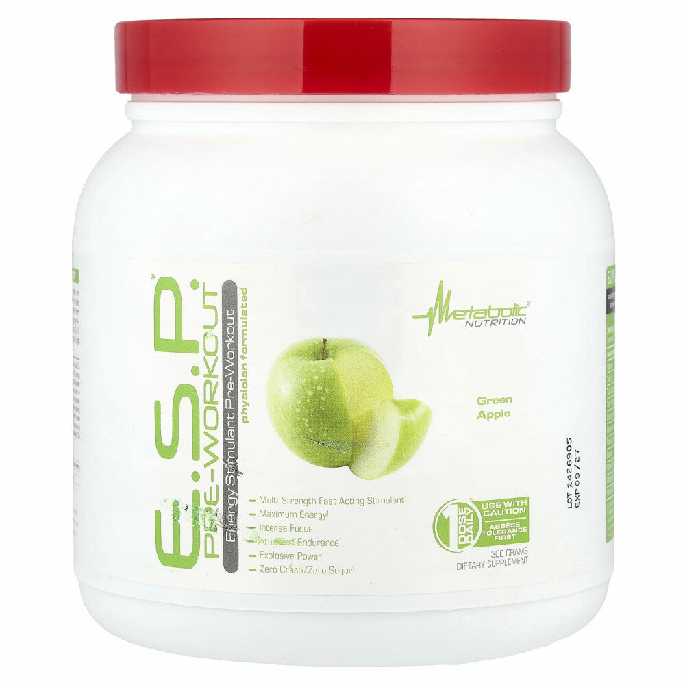 Metabolic Nutrition, ESP® Pre-Workout, зеленое яблоко, 300 г