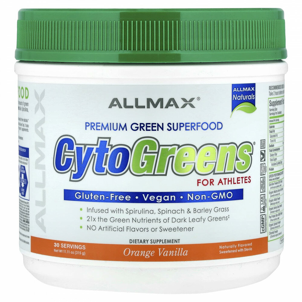 ALLMAX, CytoGreens®, зеленый суперфуд премиального качества для спортсменов, со вкусом апельсина и ванили, 315 г (11,11 унции)
