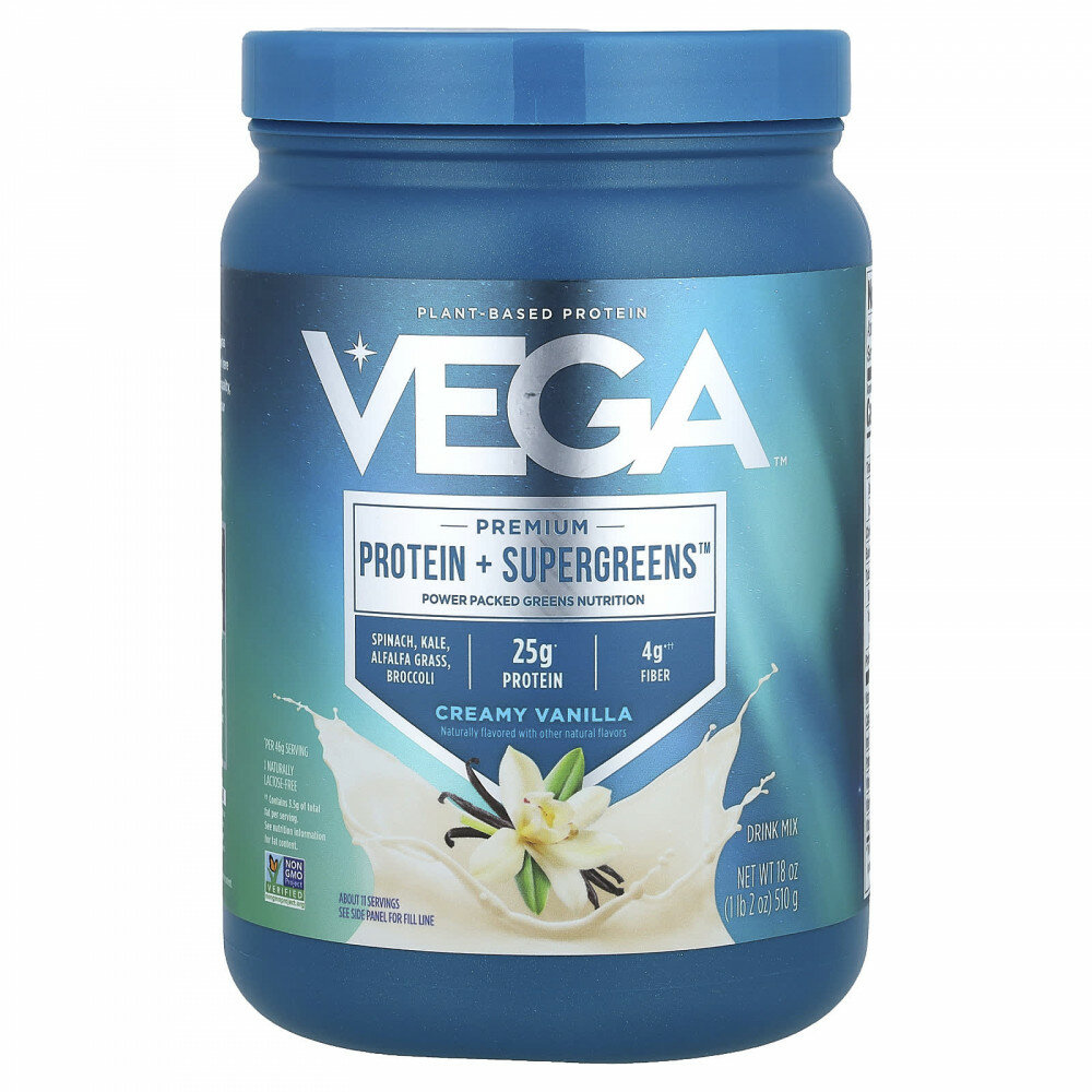 Vega, Premium, Protein + Supergreens™, протеиновая добавка с зеленью, сливочная ваниль, 510 г (1 фунт 2 унции)