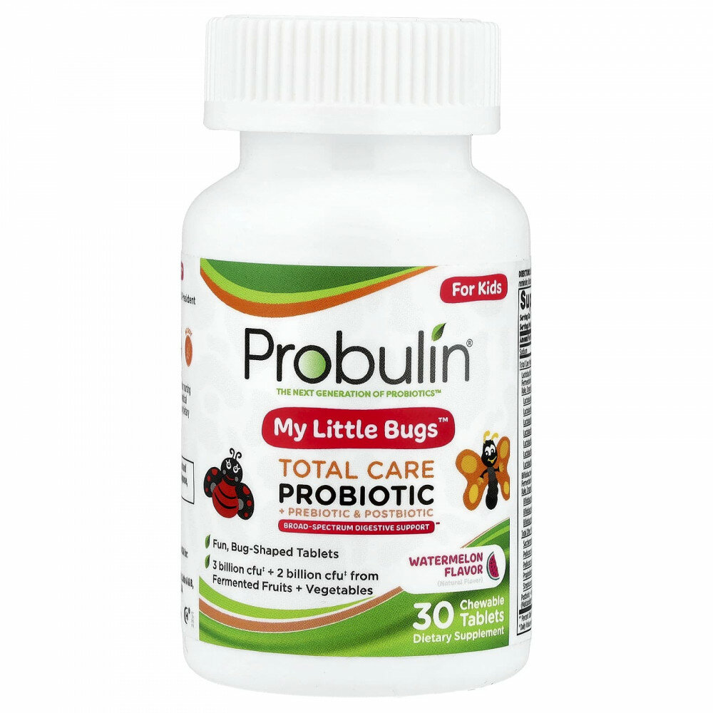 Probulin, My Little Bugs™, Total Care, пробиотик, пребиотик и постбиотик для детей, со вкусом арбуза, 30 жевательных таблеток