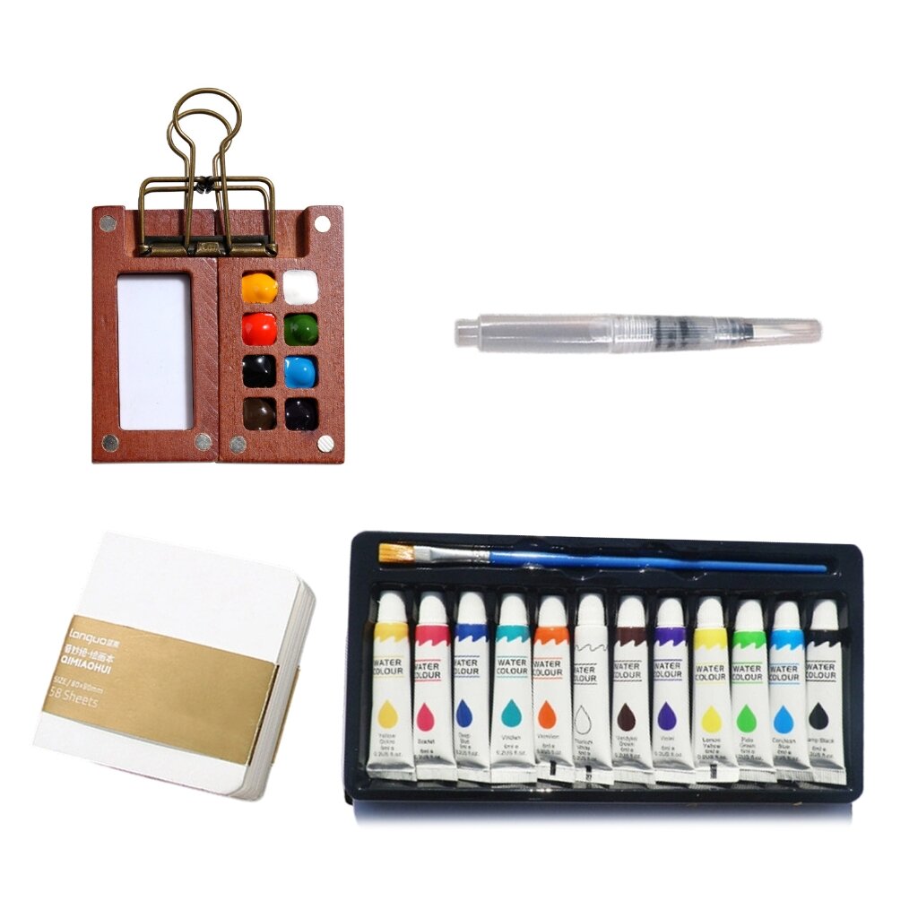 Портативный Набор Для Акварельной Живописи с Магнитной Деревянной Коробкой Палитры 12 Цветная Краска Водяная Кисть Ручка Блокнот для Рисования для Художников