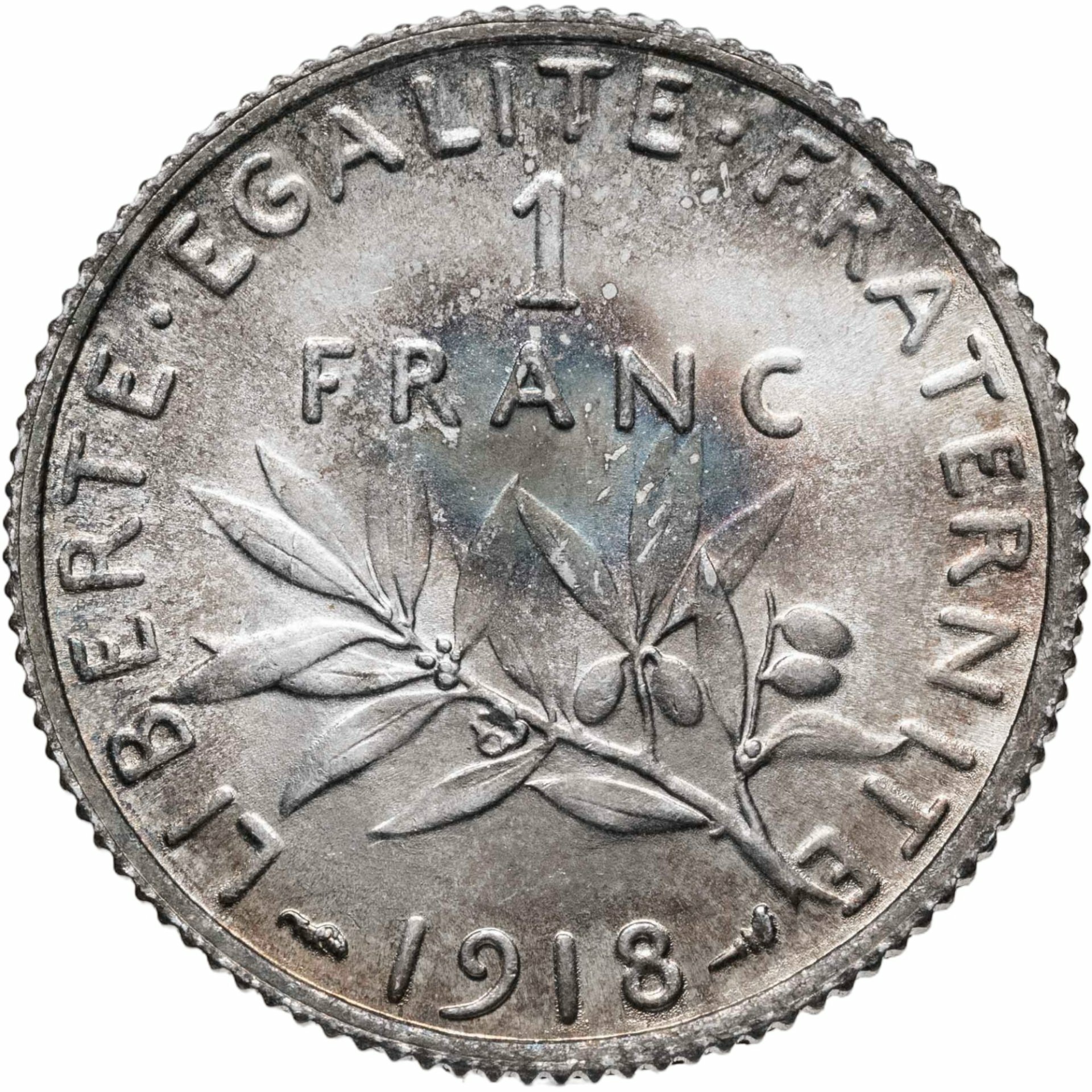 Франция 1 франк franc 1918, Серебро 835, в сохранности AU-UNC