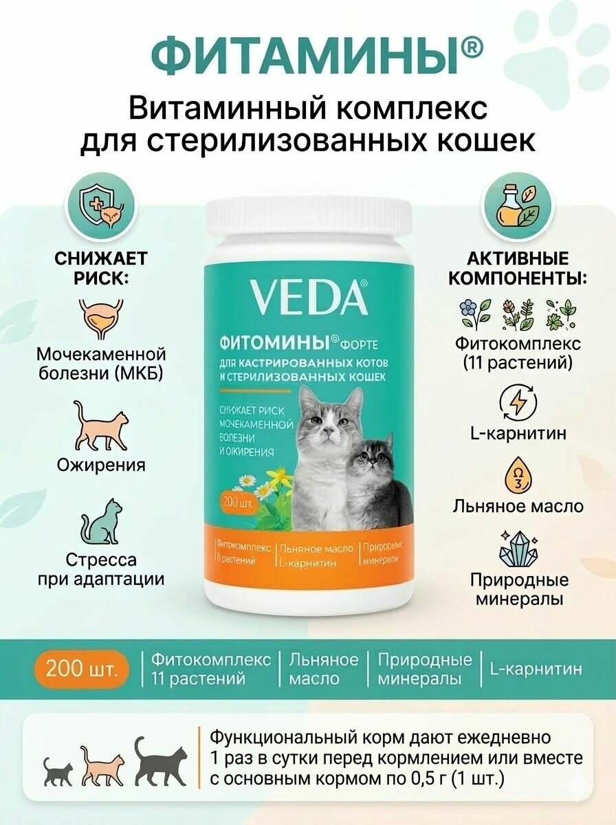 Фитомины Форте для кошек кастрированных и стерилизованных 100 г, 200 таблеток