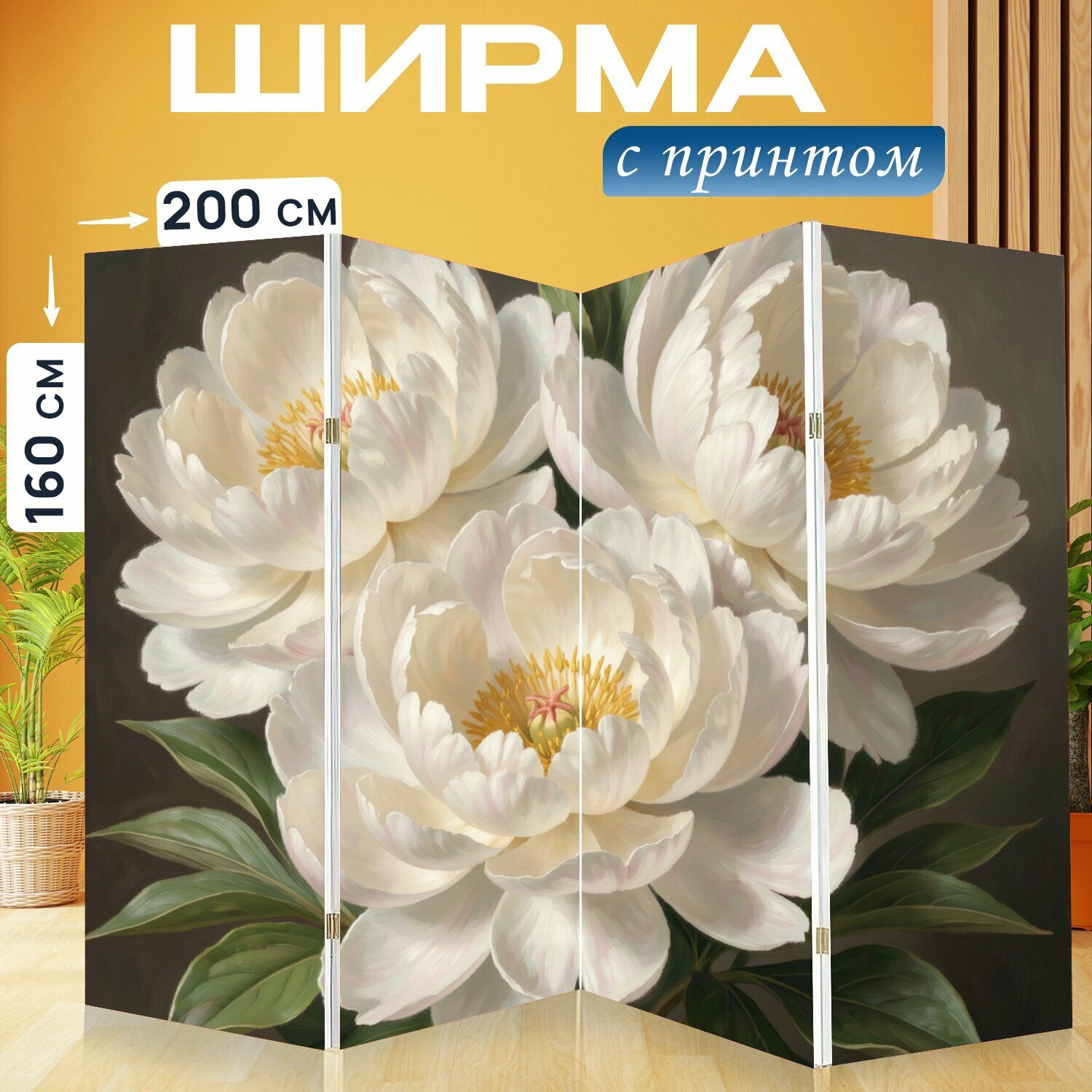 Ширма "Белые пионы на темном фоне. Нежный цветочный натюрморт с крупными кремово-белыми бутонами, мягкими." перегородка для зонирования комнаты с принтом 200x160 см. на холсте