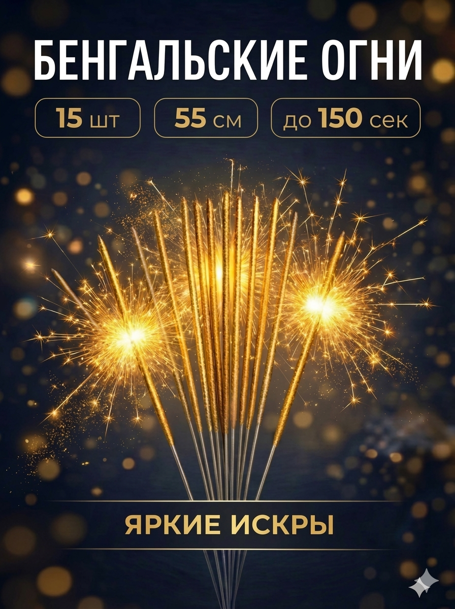 Бенгальский огонь декорированный золотом длина 55 см 150 сек