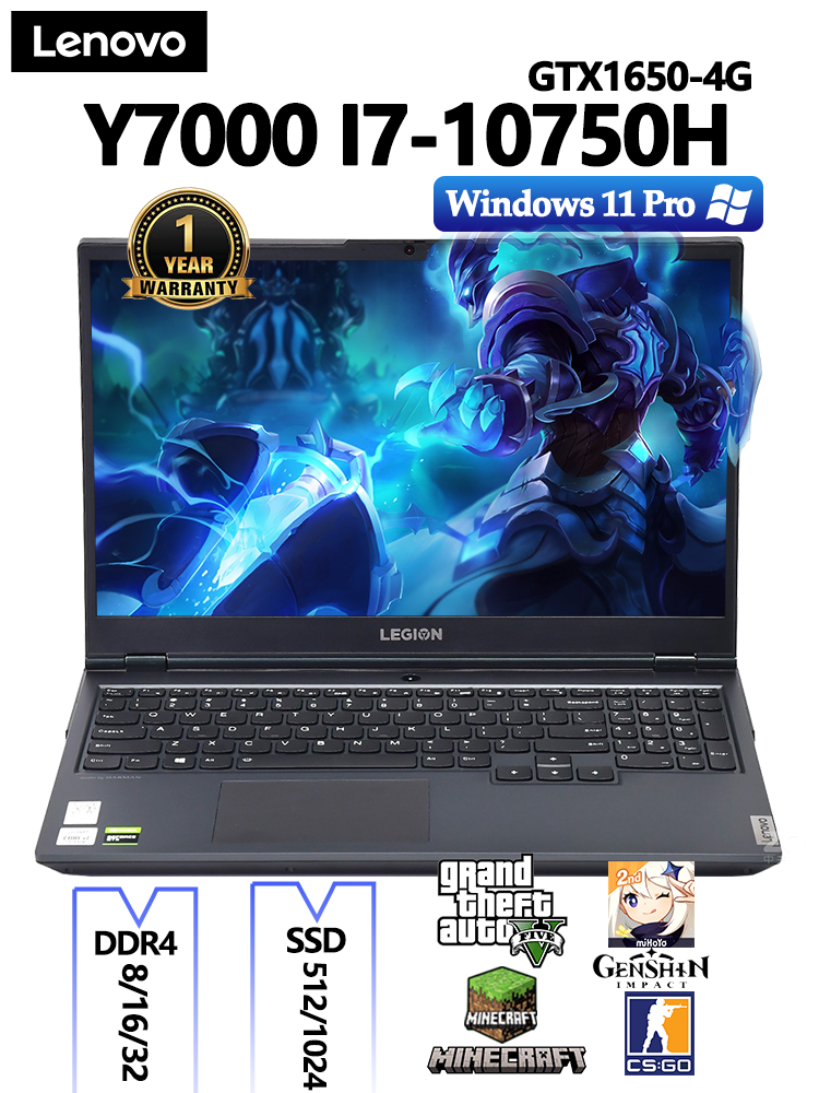 15.6" Игровой ноутбук Lenovo Y7000, I7-10750, RAM16 ГБ, SSD 512 ГБ, GTX1650(4 Гб), Windows 11