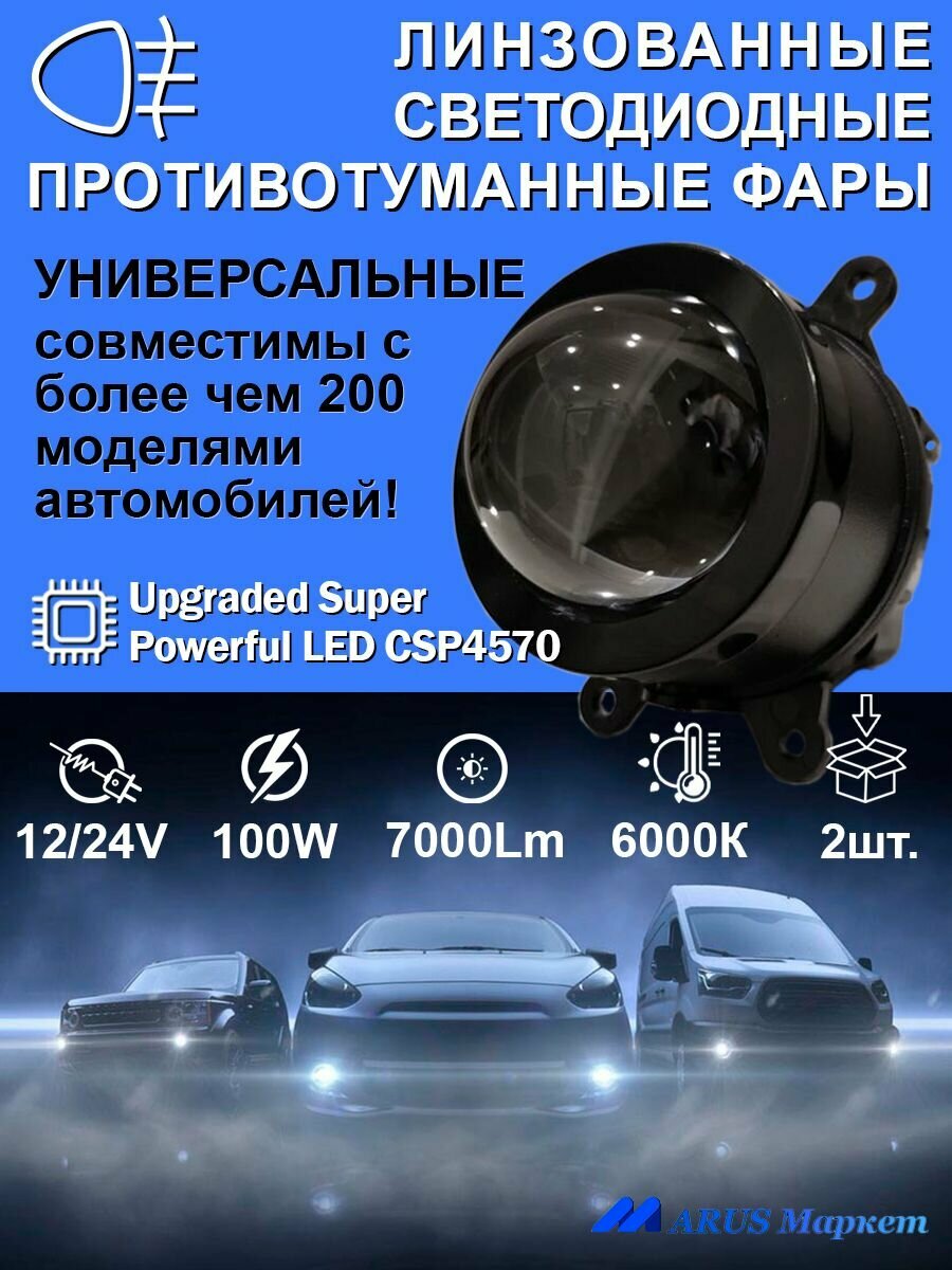 Противотуманные фары линзы 100 Ватт / LED фары LADA VESTA, DUSTER, LANCER, ASX, OUTLANDER, FORD FOCUS, LOGAN