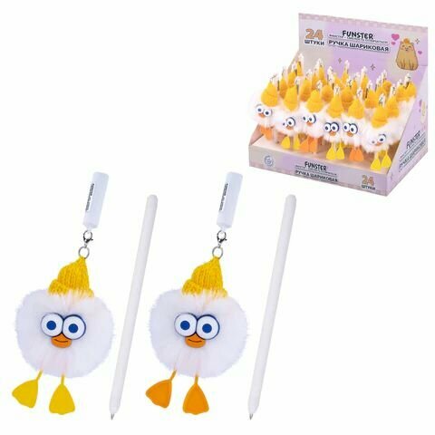 24 шт. Ручка с пушистой подвеской шариковая FUNSTER (фанстер) "FLUFFY DUCK", синяя, ассорти, пишущий узел 0,7 мм, 144525