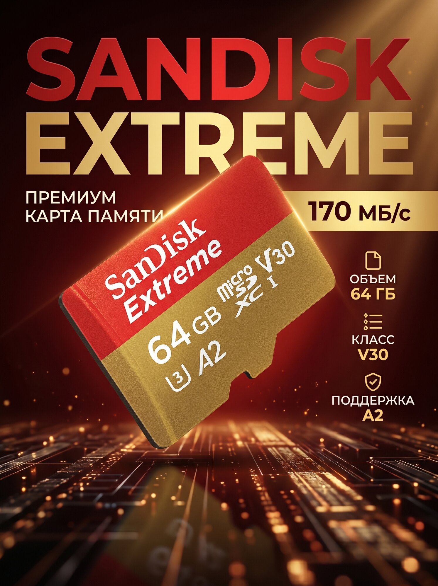 Карта памяти SanDisk MicroSDXC 64 GB Extreme, Чтение 170 MB/s, Запись 80 MB/s
