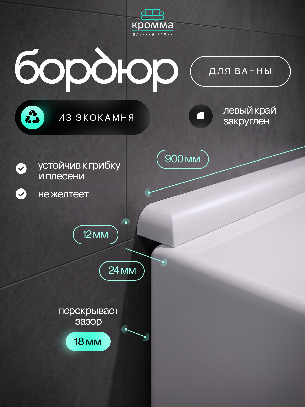 Акриловый бордюр плинтус для ванны 24/900 мм. белый цвет, глянцевая поверхность, левый