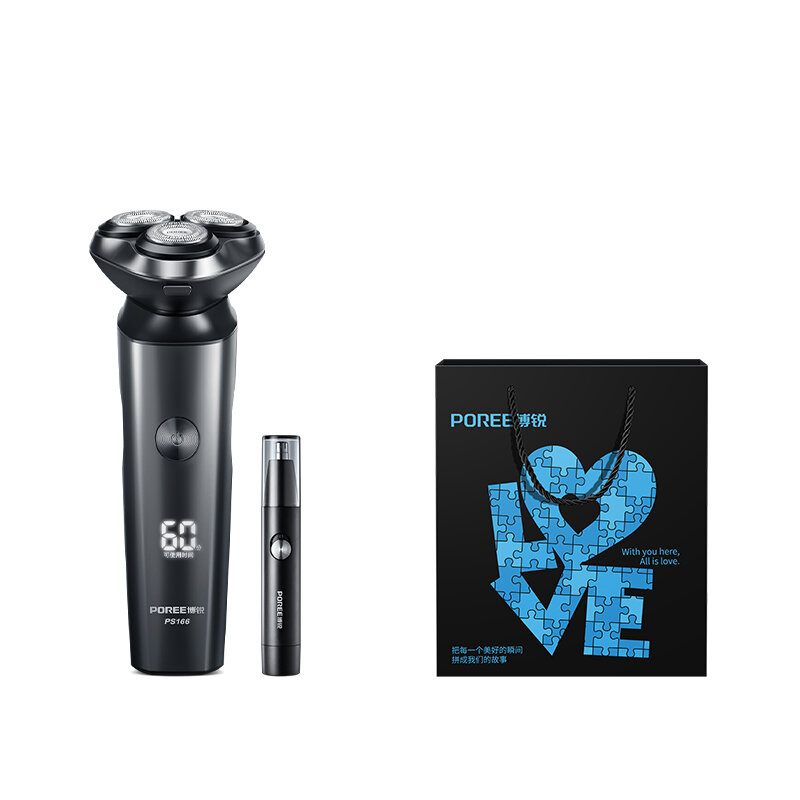 Электробритва роторная мужская POREE PS166 Black+Nose Hair Trimmer+Confession Limited Shopping Bag