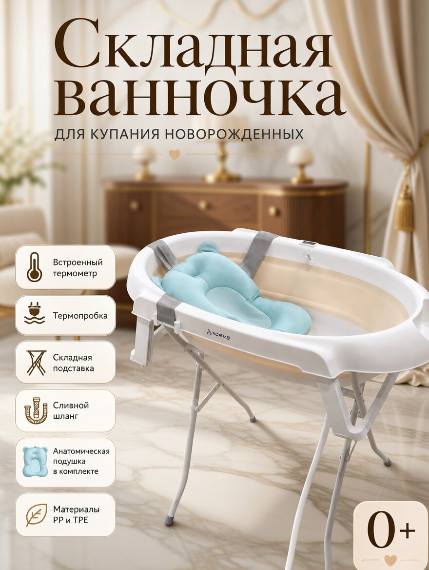 Ванночка детская "Norve" с подушкой для купания новорожденных складная с термометром подставкой и ковшиком в подарок