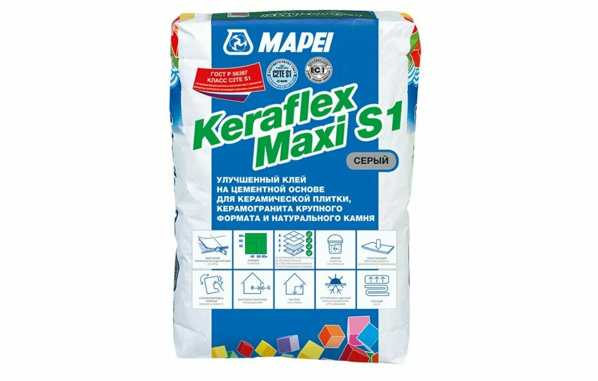 Клей для плитки/ керамогранита/ камня Mapei Keraflex Maxi S1 эластичный серый класс C2 TE S1 25 кг
