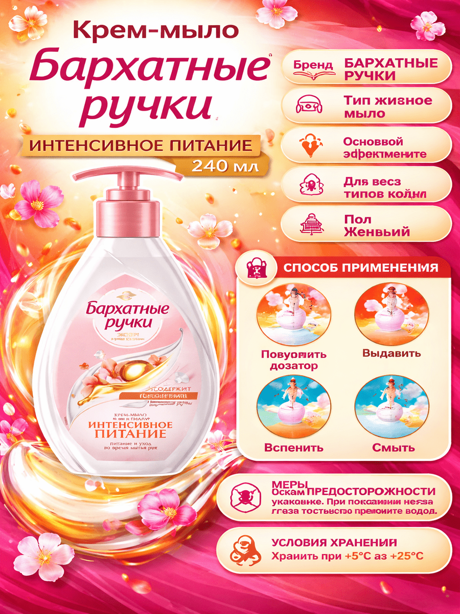 Крем-мыло жидкое Бархатные ручки Интенсивное питание, 240мл