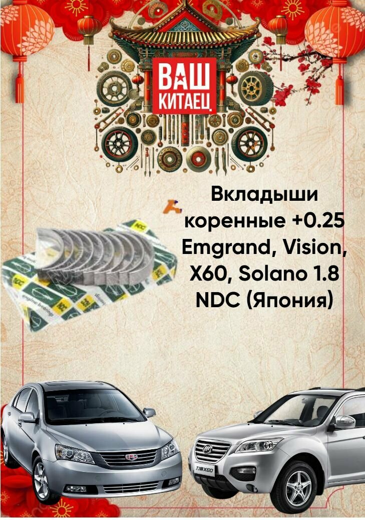 Вкладыши коренные +0.25 Emgrand, Vision, X60, Solano 1.8 NDC (Япония)