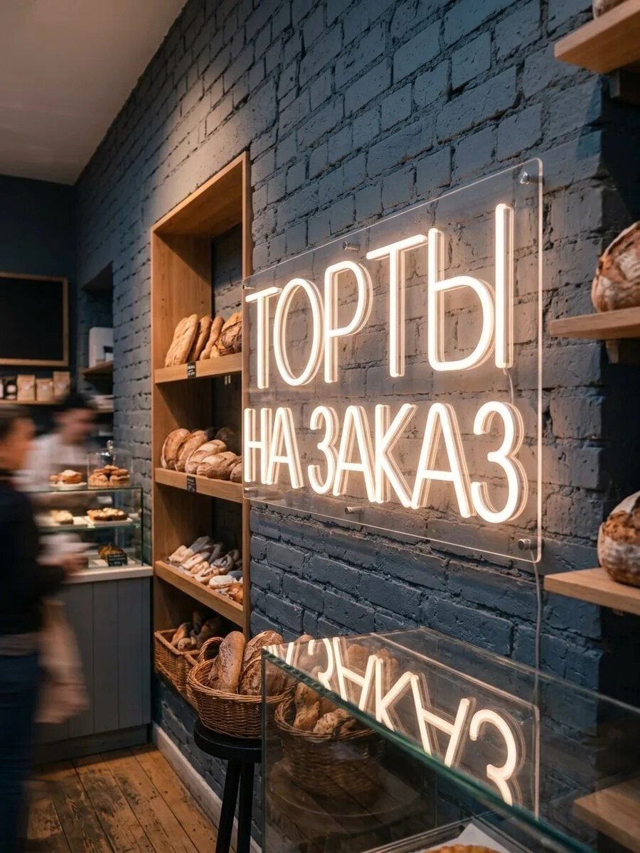 Неоновая вывеска Торты на заказ / надпись из неона / Размеры: 500х270 мм