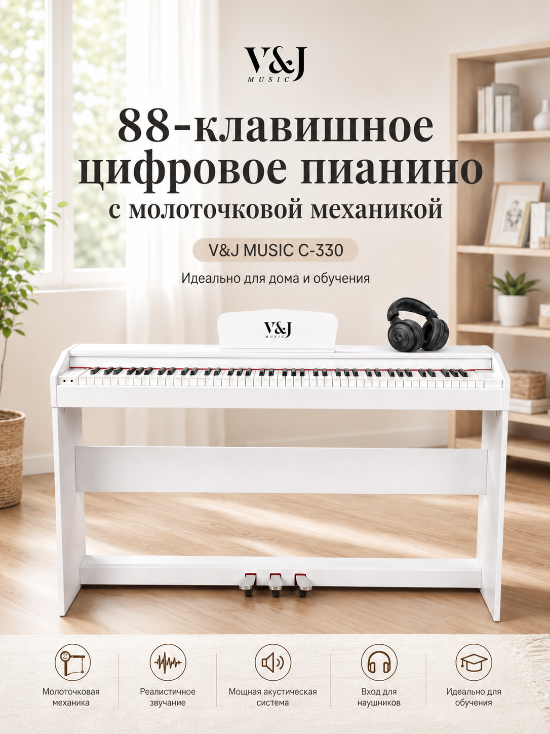 Цифровое пианино V&J MUSIC C330 с тяжелым молотком, 3 педали, подставка для нот, наушники в комплекте