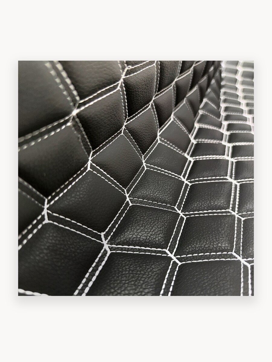 Стеганая экокожа двойной ромб черный с белой ниткой (200*140см) кожзам стеганный, для перетяжки салона авто, мебели