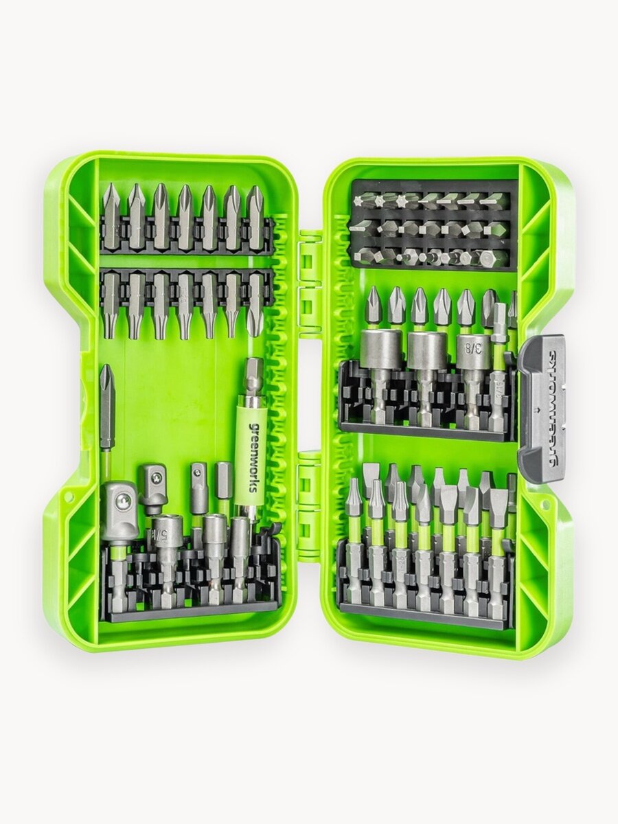 Набор бит, торцевых головок и адаптеров в кейсе Greenworks Арт. 2944407, 70 шт.
