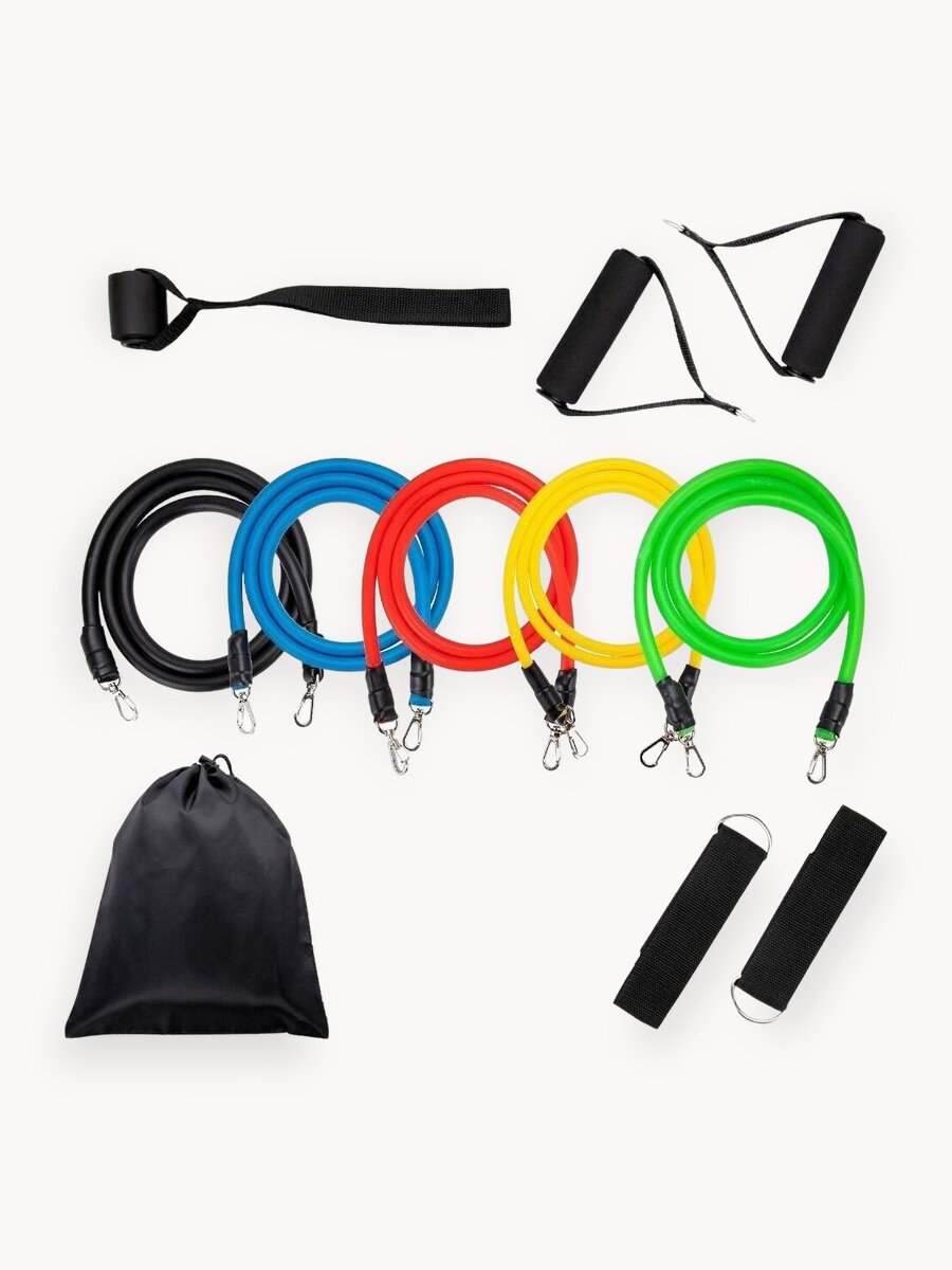 Набор трубчатых эспандеров, 11 предметов Набор фитнес резинок нагрузкой до 45 кг эспандеры с усиленными креплениями для занятий спортом