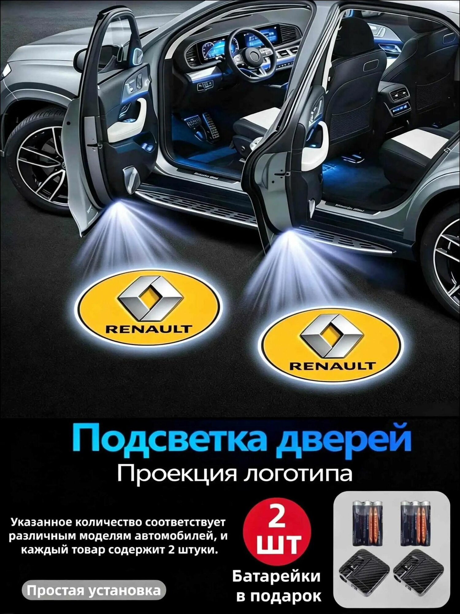 Светодиодные приветственные огни Renault для передних дверей, комплект из 2 шт с логотипом и датчиками