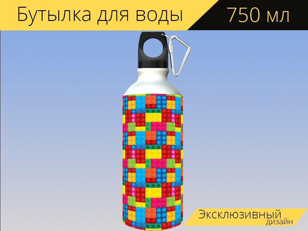 Бутылка фляга для воды "Лего фон, построение шаблонов лего, конструктор лего" 750 мл. с карабином и принтом