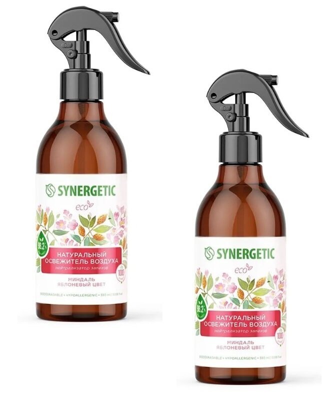 Гипоаллергенный освежитель воздуха Synergeic, нейтрализатор запахов «Миндаль и яблоневый цвет» 380мл, 2 шт