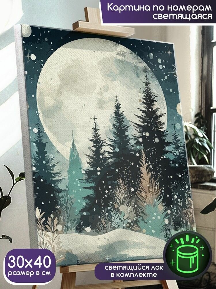 Картина по номерам со светящейся краской новый год Зимний лес (атмосфера, сказка, мороз, луна) 30x40 В - 2028