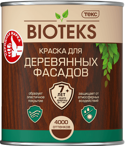 Краска для Деревянных Фасадов Текс Bioteks 9л Белая, Полуглянцевая с Антисептическими Добавками / Биотекс.