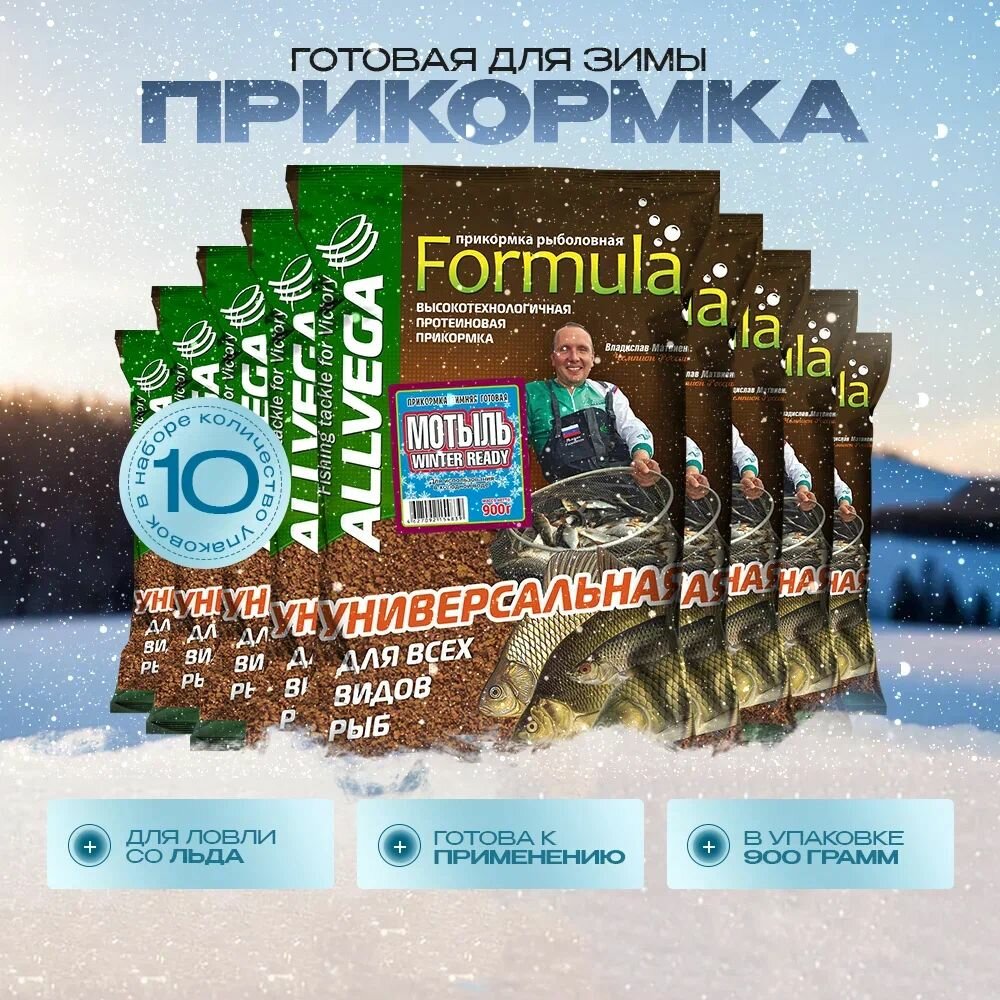 Прикормка для зимней рыбалки готовая ALLVEGA Formula Winter Ready мотыль 10 штук по 0.9 кг